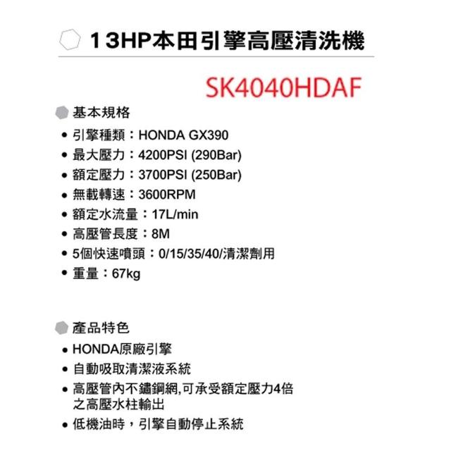 【SHIN KOMI 型鋼力】高壓清洗機 HONDA引擎 SK-4040HDAF SK4040HDA 中崙五金