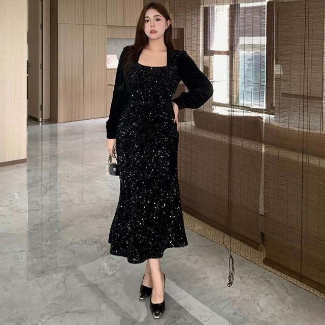 大碼女裝胖mm顯瘦連衣裙氣質法式亮片禮服裙200斤顯瘦魚尾裙1701