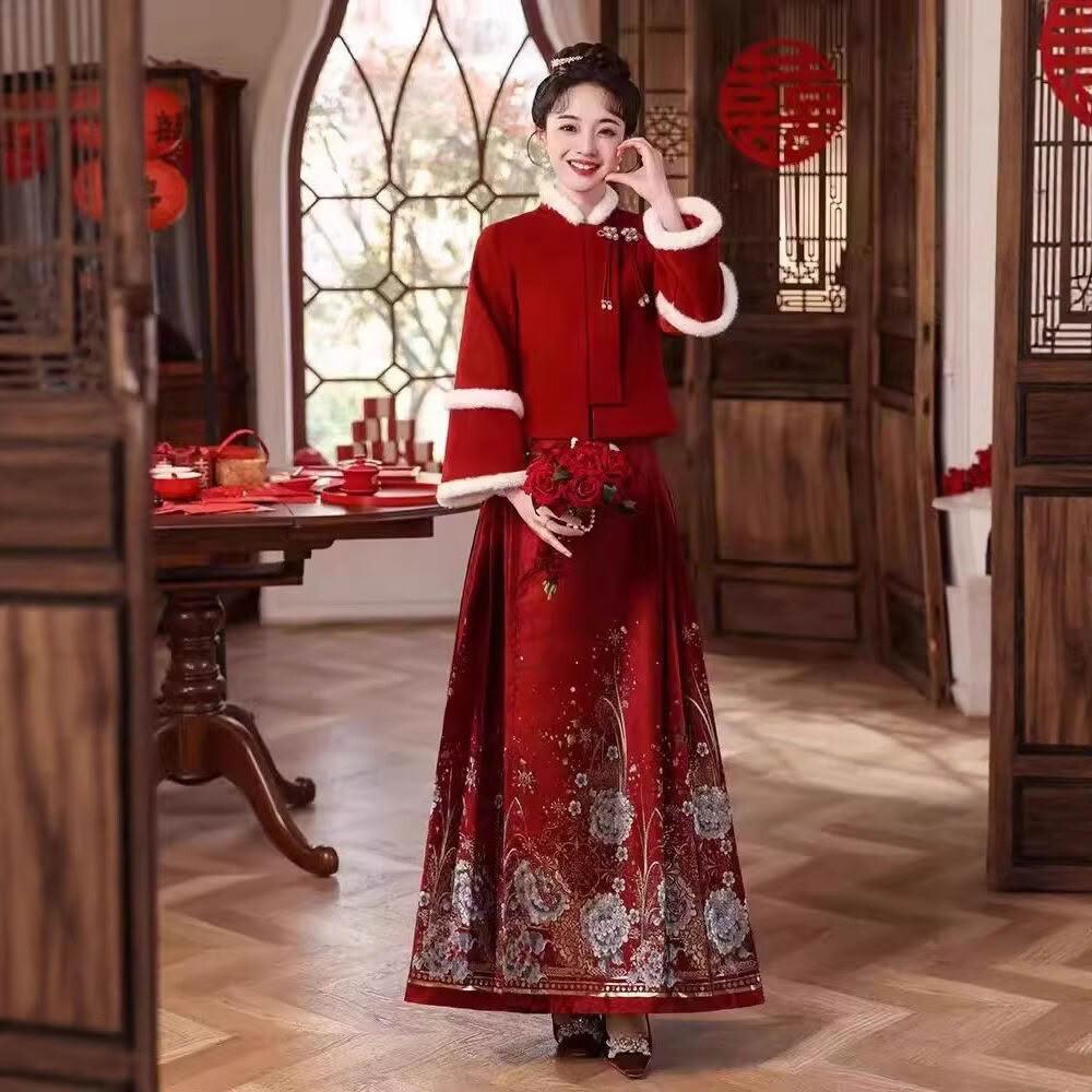 【甄選】 大碼胖mm新中式時尚套裝女敬酒紅色馬面結婚訂婚禮服兩件套200斤