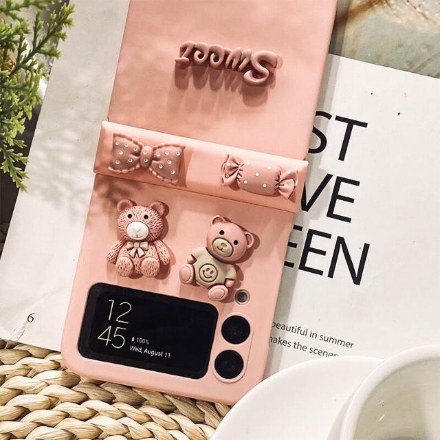 適用三星zflip3手機殼粉色小熊zflip4保護套新款鉸鏈女全包卡通硬