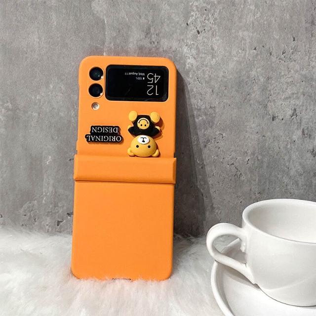 適用三星ZFLIP4手機殼全包小熊橙色鉸鏈zflip3保護套ins風女款硬